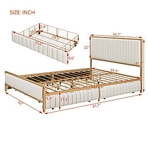 SIYSNKSI Queen Size Metal Frame Upholstered Bed with 4 Drawers, Linen Fabric Platform Bed with Metal Slats Support and Headboard, Storage Platform Bed for Kids Teens Bedroom (Beige + Linen-39)