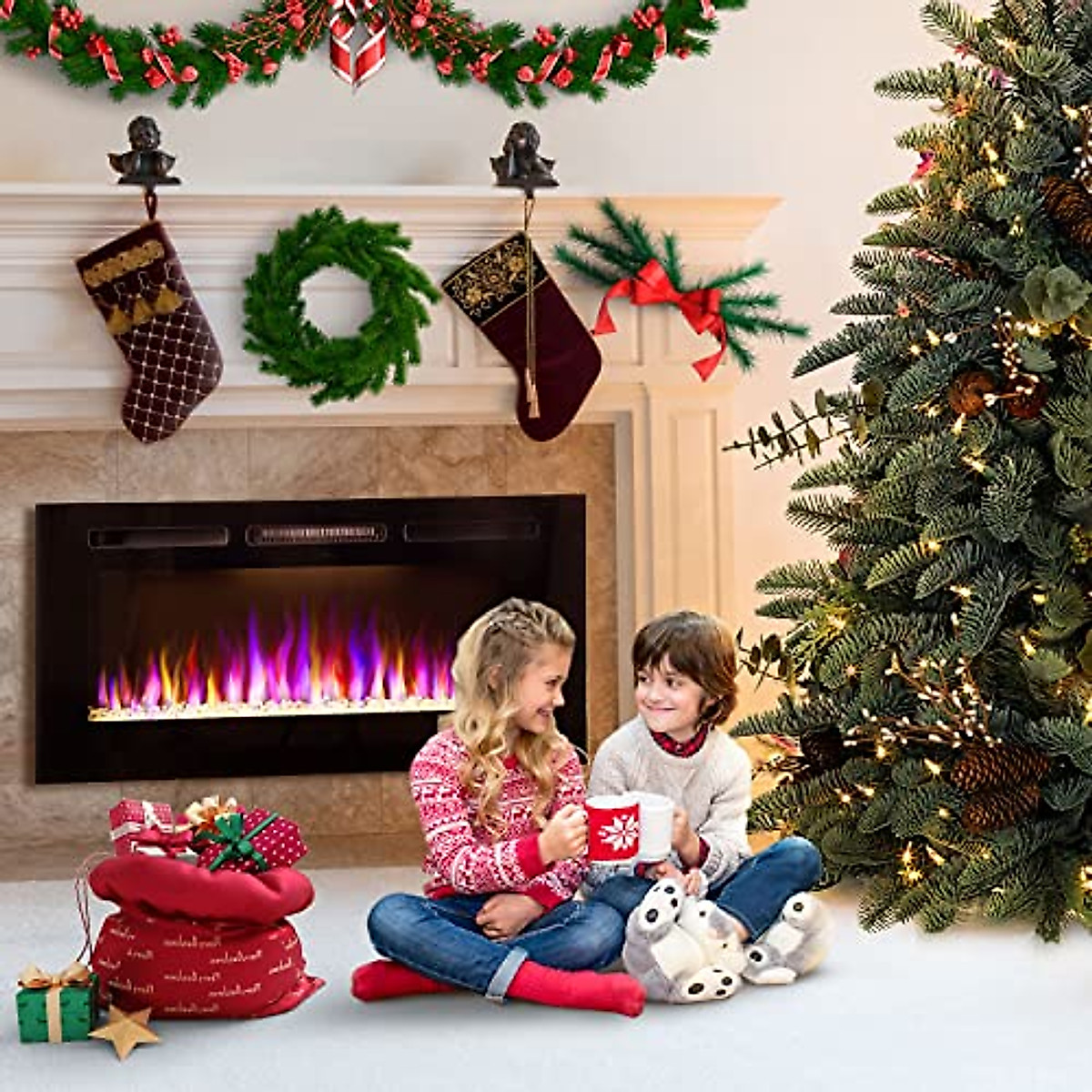 S-THROUGH Electric Fireplace Insert, Recessed and Wall Mounted Electric Fireplace Heater, 36 Inch Linear Electric Fireplace with Remote Control & Timer, Touch Screen, Adjustable Flame Color，750w/1500w