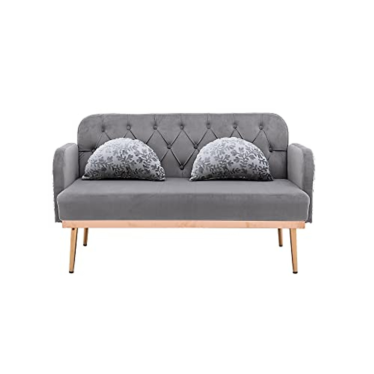 NALLBEIRRAA 56" Accent Sofa, Mid Century Modern Velvet Fabric Couch with 2 Pillow, Velvet Sofa, Loveseat Sofa, Recliner Couch with Gold Metal Feet for Living Room, Bedroom (Grey)