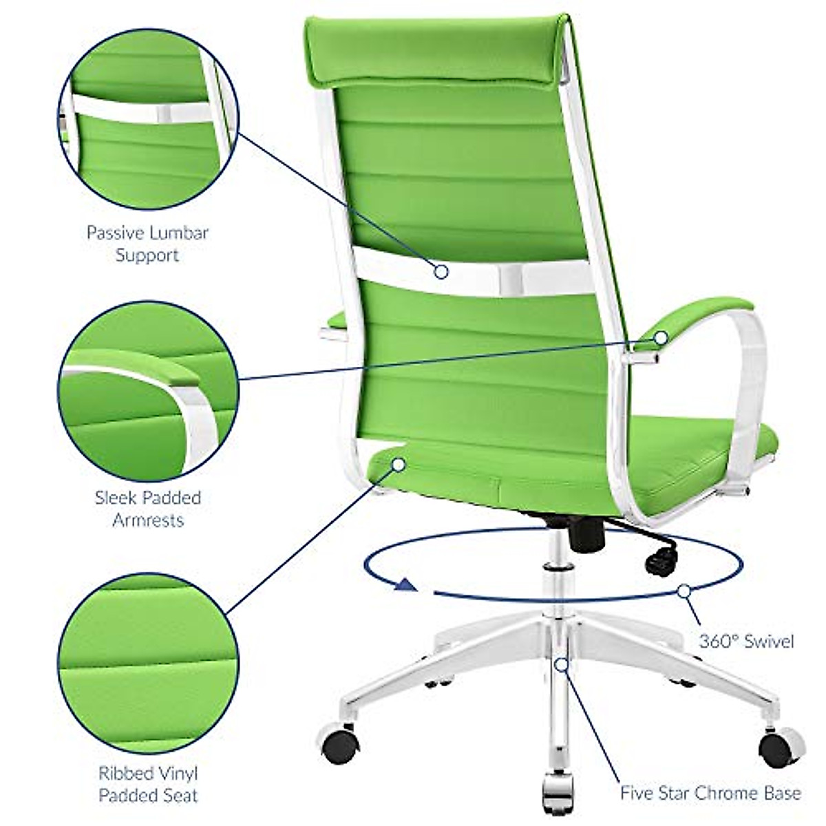 Modway Jive Ribbed High Back Tall Executive Swivel Office Chair With Arms In Bright Green