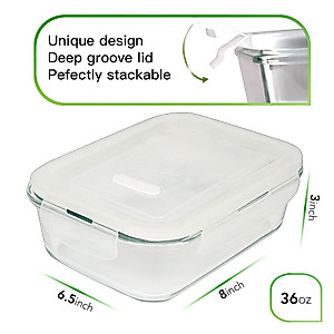 DAS TRUST 5 Pack 36oz Glass Food Storage Containers Meal Prep Containers Reusable Fridge Organizers Lunch Container for Adults Food Storage Containers with Lids Airtight Pizza Storage Salad Container