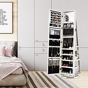 COSTWAY 360 Rotating Jewelry Armoire Cabinet, Standing Jewelry Organizer w/Full-Length Mirror & Large Storage Space, Lockable Mirror Jewelry Cabinet for Girls Women (White)