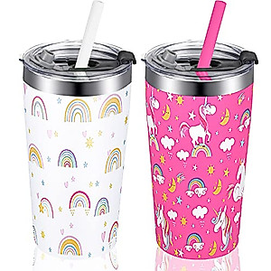 Shellwei 2 Pack Kids Cups with Lids and Straws Toddler Smoothie Cup with Rainbow Unicorn Pattern Leak Proof Spill Proof Straw Cups for Girls Stainless Steel Insulated Tumbler for Hot Drink (12 oz)