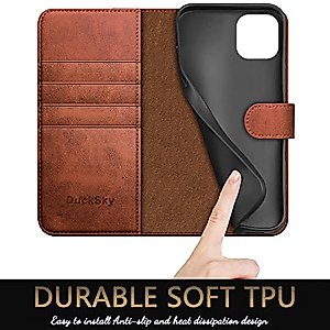 DuckSky for iPhone 13 6.1" Genuine Leather Wallet case 【RFID Blocking】【4 Credit Card Holder】【Real Leather】 Flip Folio Book Phone case Protective Cover Women Men for Apple 13 case Light Brown