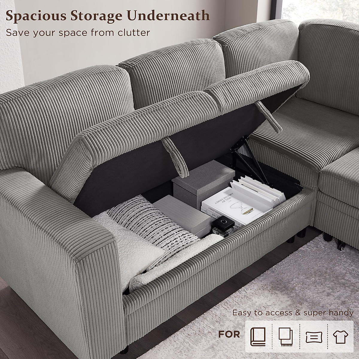RedLemon Sectional Sleeper Sofa with Pull Out Couch Bed, 80'' Convertible L Shaped Couch with Storage Chaise & USB Charging Port, Comfy Sofa for Living Room, Apartment, Corduroy, Light Grey