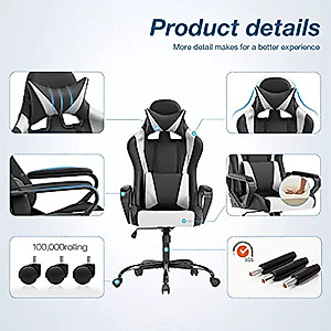 Ergonomic Office Chair PC Gaming Chair Cheap Desk Chair PU Leather Racing Chair Executive Computer Chair Swivel Rolling Lumbar Support for Women Men, White