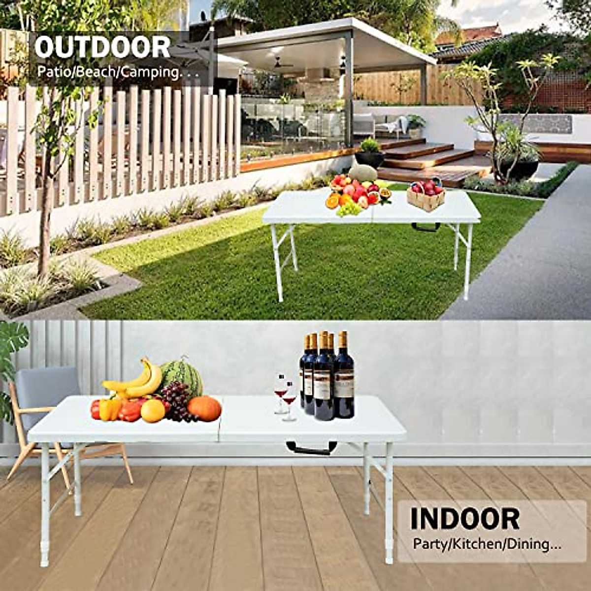 Icoud 4ft Plastic Folding Table Portable Heavy Duty White Dining Table Fold-in-Half for Camp Party Kitchen Indoor Outdoor