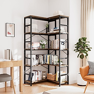 APPOLYN Corner Shelf, 5 Tiers Corner Bookshelf, Wood and Metal Bookcase Storage Shelf, Tall Corner Cabinet for Living Room, Bedroom, Home Office and Kitchen