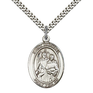 Sterling Silver St. Raphael the Archangel Pendant with 24" Stainless Steel Heavy Curb Chain. Patron Saint of Blind/Love/Safe Journey