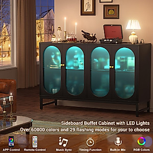 Aheaplus Sideboard Buffet Cabinet with Power Outlet, Kitchen Sideboard Storage Cabinet with LED Light, 4 Doors, Modern Accent Cabinet Coffee Bar Cabinet Console Table for Kitchen Dining Room, Black