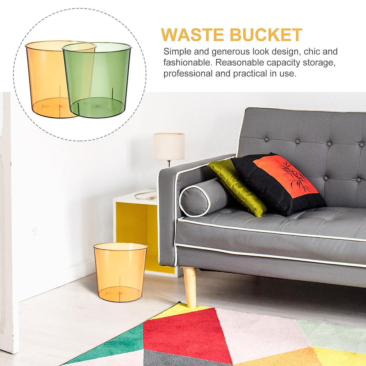 MAGICLULU 2pcs Plastic Waste Basket Clear Round Trash Can Small Wastebasket Garbage Container Bin Trash Bin for Home Bathroom Bedroom Kitchen College Dorm Office Craft Room Orange and Green