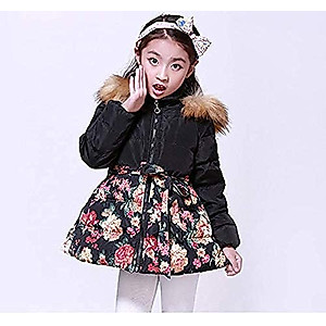 SS&CC Girls' Long Flower Printing Bowknot Winter Hooded Down Jacket 10-12 Years