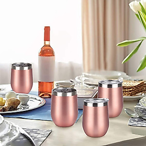 12 Pack Stainless Steel Wine Tumbler with Lid and Straw, 12 Oz Double Wall Vacuum Insulated Stemless Wine Glass Tumbler, Set of 12 Cup for Wine, Coffee, Champagne, Cocktails, Ice Cream, Rose Gold