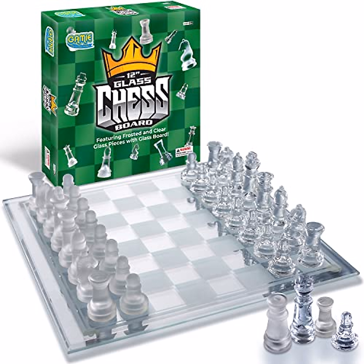 Gamie Glass Chess Set, Elegant Design - Durable Build - Fully Functional - 32 Frosted and Clear Pieces - Felted Bottoms - Easy to Carry - Reassuringly Stable (12 Inch)
