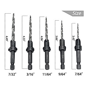 Saipe 5pcs Wood Tapered Countersink Drill Bit Set Hex Shank Screw Drill Counter Sink Bit 7/64", 9/64",11/64", 3/16", 7/32" Adjustable Drilling Tool Kit on Pilot Counter Sinker Hole for Woodworking