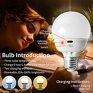 Rechargeable Light Bulbs, Battery Operated Light Bulb with Remote E26 LED Emergency Lightbulbs Warm White CCT with Timer Dimmable for Wall Wireless Sconce, Power Outage, Home, Porch (2 Lightbulbs)