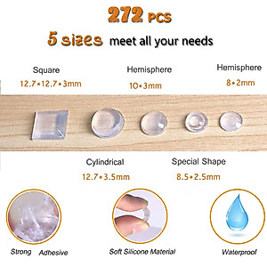 Cabinet Door Bumpers Clear Self Adhesive Noise Dampening Bumper Pads 272Pcs Silicone Rubber Bumpers for Drawers Picture Frames Cutting Board and Furniture Surface Protection 5 Sizes Pack