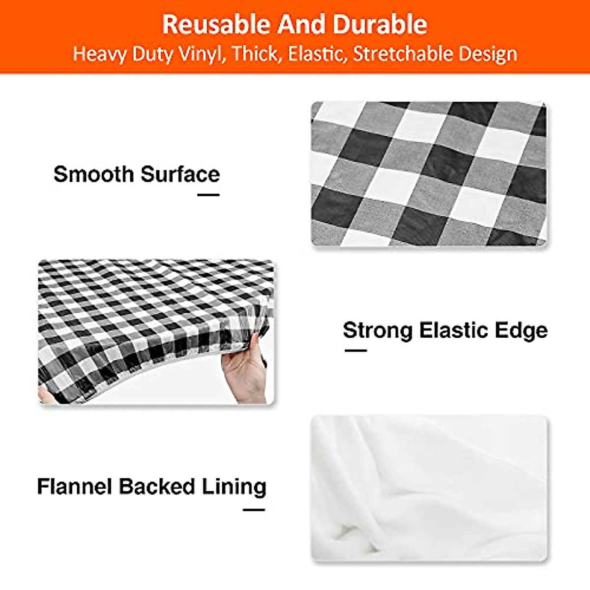KENOBEE 8ft Picnic Table and Bench Fitted Tablecloth Cover, 96"x30" Flannel Backing Elastic Edge Waterproof Wipeable Plastic Cover Vinyl Tablecloth for Home Goods Indoor Outdoor Patio, Black-White