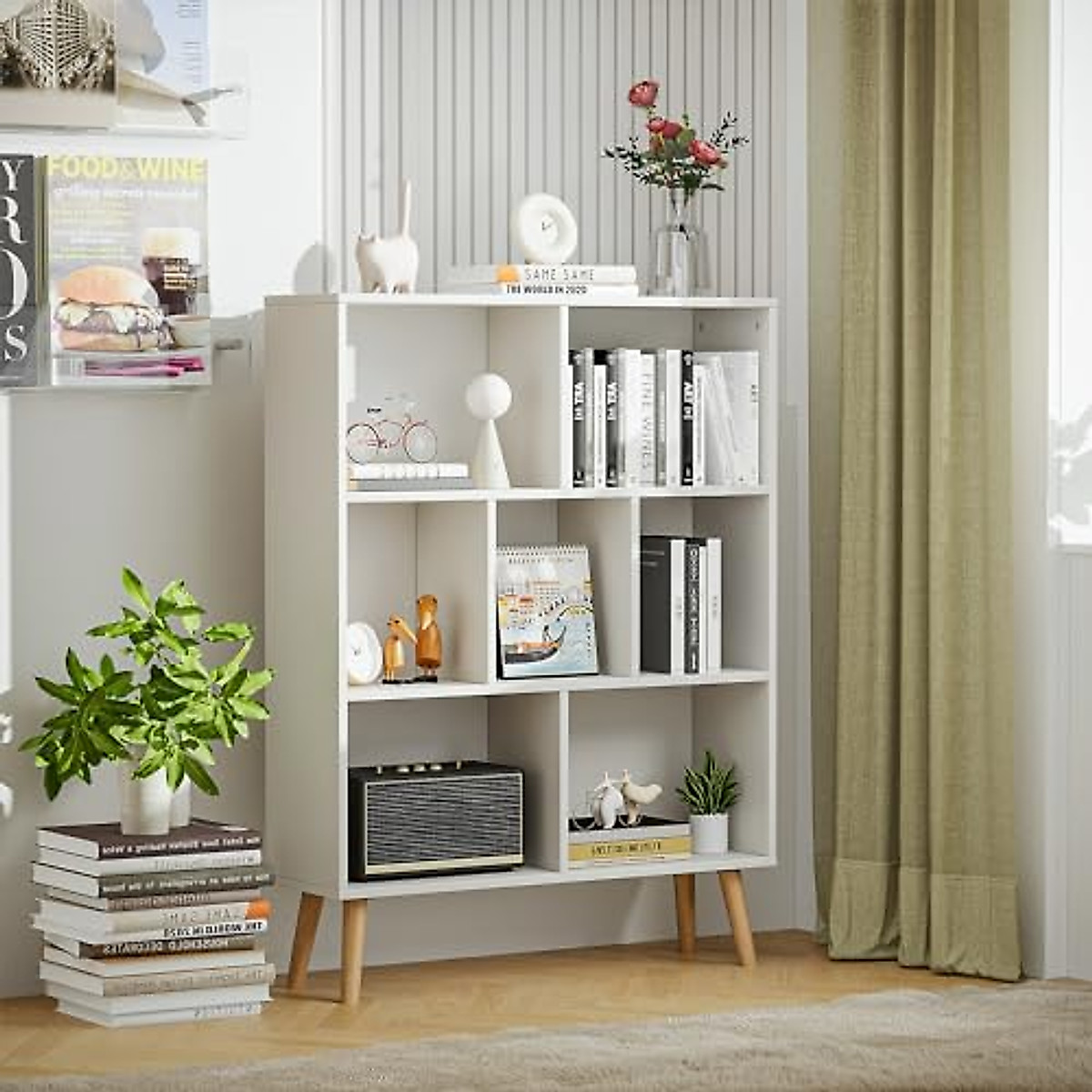 DIFY Wooden Bookcase 7 Cube Open Bookcase with Legs, Display Bookshelves Storage Organizer Shelf for Living Room, Home Office and Bedroom, White