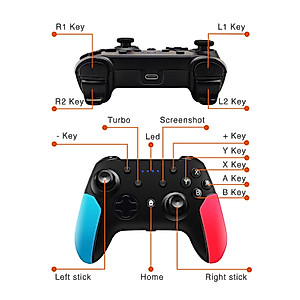 Wireless Switch Pro Controller for Nintendo Switch with Adjustable Turbo Function,Dual Vibration Function,Gyro 6-Axis and High Battery Life. Remote Gamepad Joystick for Switch Console, Red&Blue