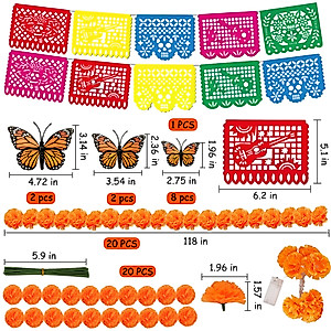 Day of The Dead Decorations Kit,9 Mexican Banners Papel Picado,9.8ft 20Led Marigold Garland,20 Marigold Flowers with Stem,12PCS Butterfly,Dia de Los Muertos Decorations for Halloween Indian Party