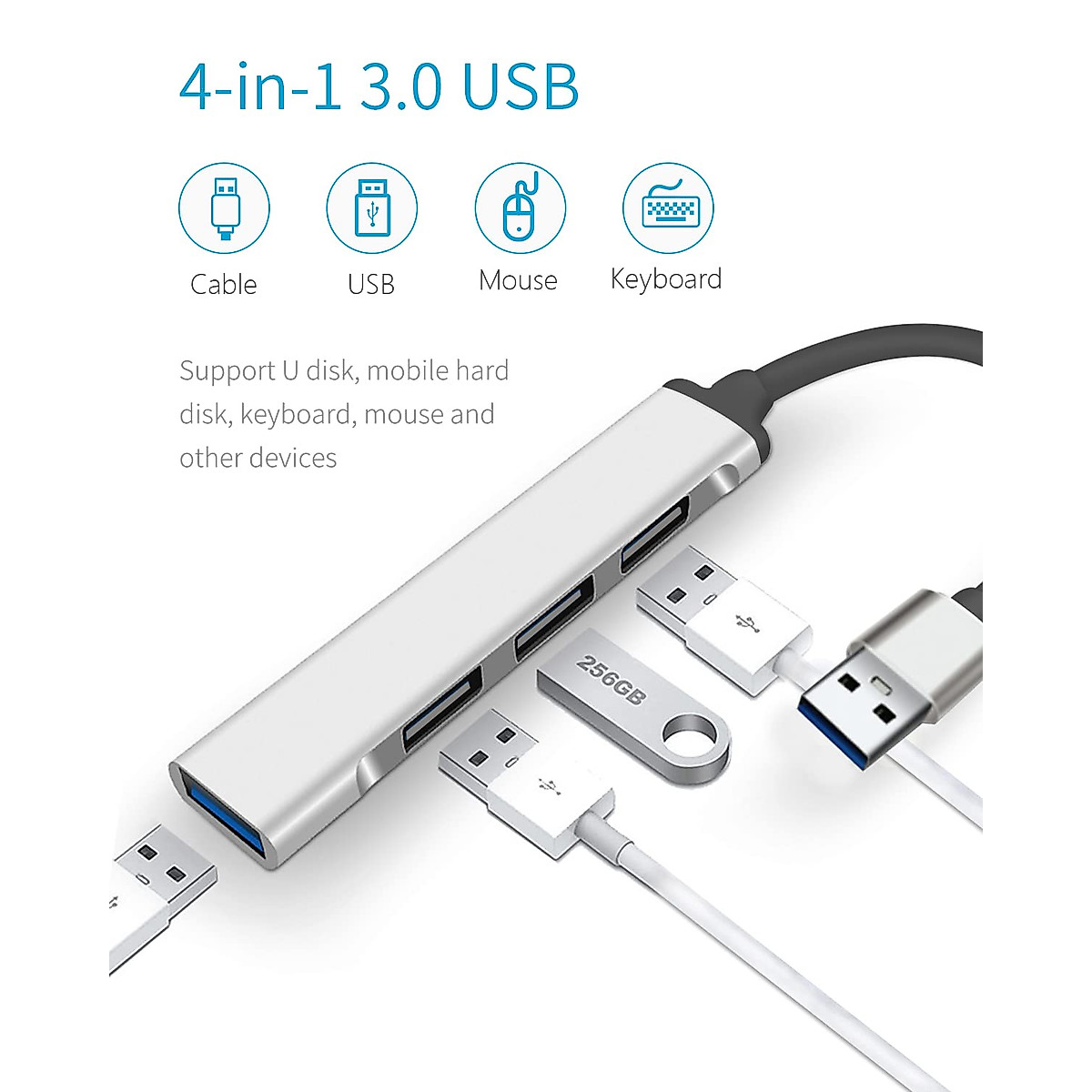 Auorange USB Hub, 4-Port USB 3.0 2.0 Hub USB Splitter Charging Supported Compatible with MacBook, Laptop, Surface Pro, PS4, PC, Flash Drive, Mobile HDD