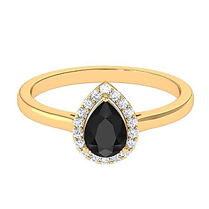 Certified Black Spinel Diamond Halo Engagement Ring, AAA Quality, Black Spinel 5X7mm Pear Shape Ring - Ready To Gift, 14K Yellow Gold, Size:US 7.50