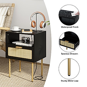 Aienvey Rattan Nightstand with Charging Station, Drawer Dresser for Bedroom, Small Bedside Table with Drawer, Night Stand, End Table with Gold Frame for Living Room, Black