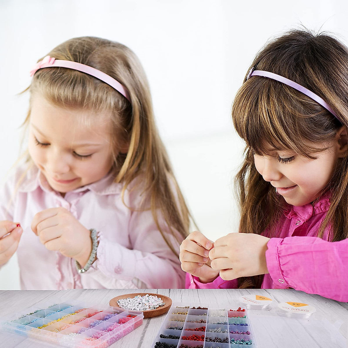 QUEFE 6480pcs Glass Seed Beads 4mm Bracelet Beads for Jewelry Making Kit, Small Waist Craft Beads, 260pcs Alphabet Letter Beads with Elastic String Cords and Charms