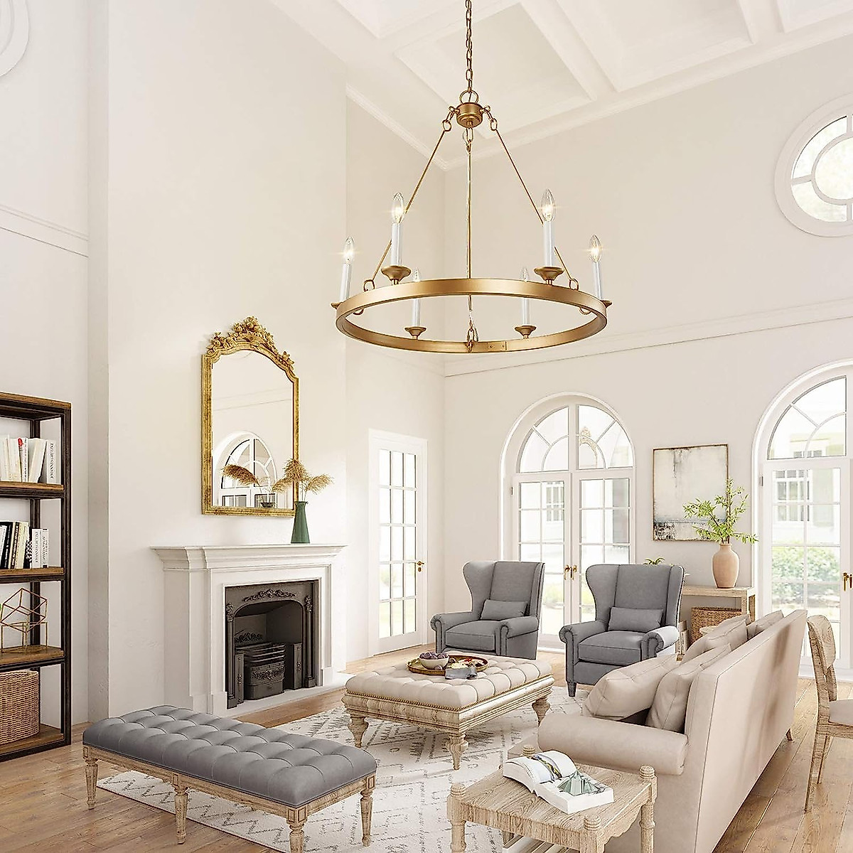 Uolfin Wagon Wheel Chandelier Gold, Modern Large 26.5” Dining Room Chandelier Light Fixture with 6 White Candlesticks for Kitchen, Living Room and Bedroom