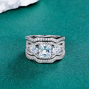 MDFUN Three-In-One Square Wedding Engagement Ring,18K White Gold Plated Cubic Zirconia Promise Eternity Ring for Women (8)