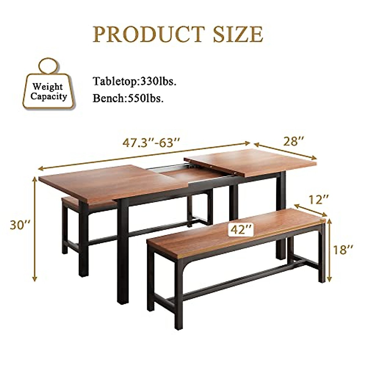 iPormis 3-Piece Dining Table Set for 6-8 People, 63'' Extendable Kitchen Table with Metal Frame and Wood Board, Space Saving Dinette for Dining Room, Laminate Finished, Easy Clean, Walnut
