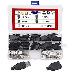 Rrina 20Pcs USB 2.0 Connector Type A Male Female 4 Pin Plug Jack Socket with Black Plastic Cover DIY