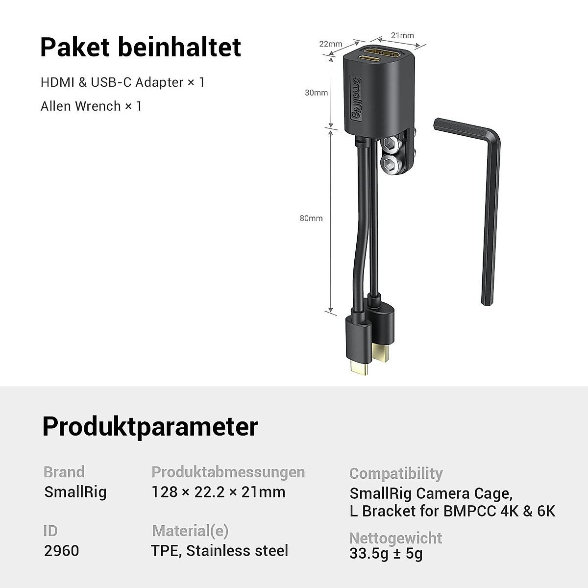 SMALLRIG USB/Type-C Data Cable Adapter for Blackmagic Pocket Cinema Camera for BMPCC 6K/4K Camera Cage - 2960