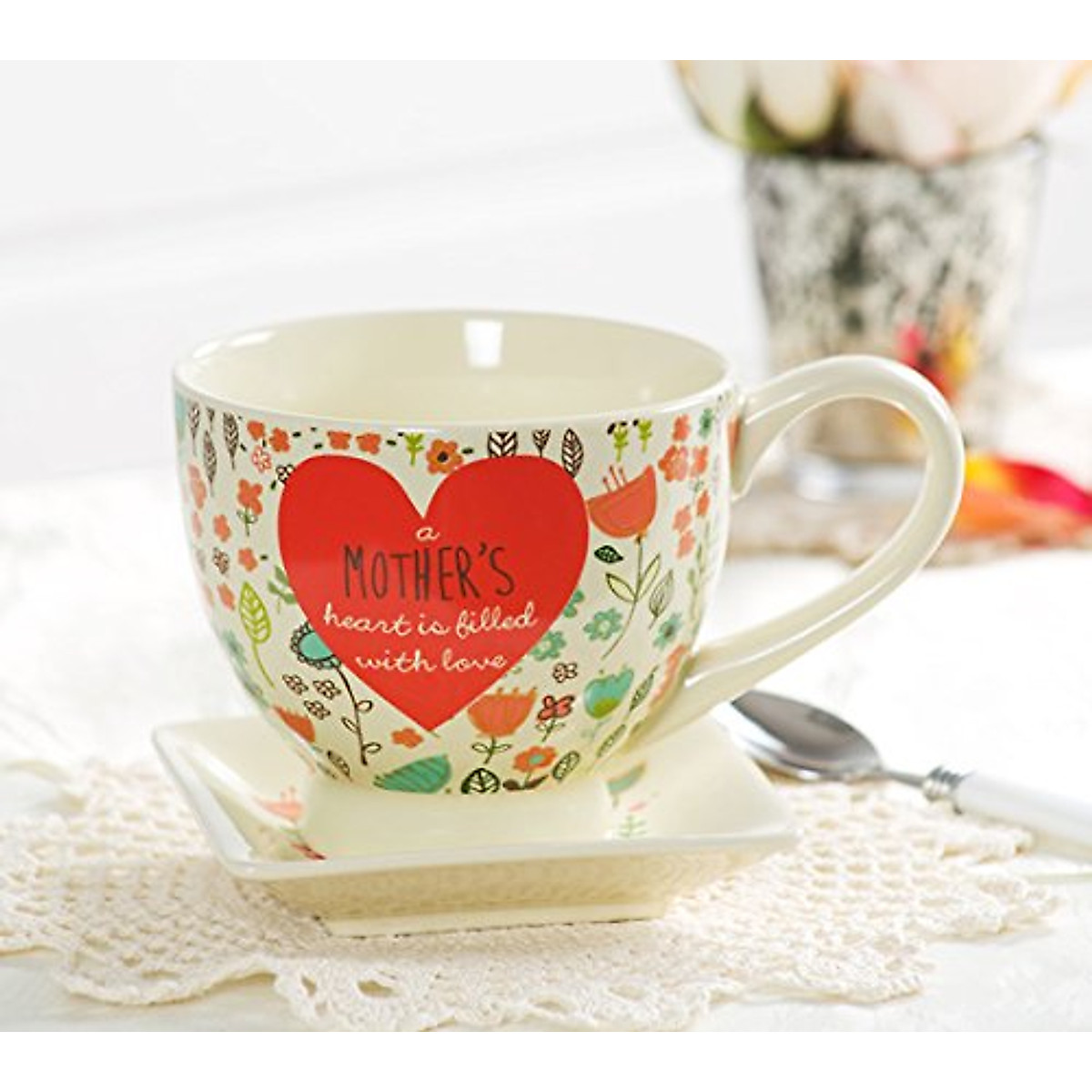 Pavilion Gift Company "A Mother's Love-God Could Not Be Everywhere so He Created Godmothers" Floral Soup Bowl Mug, Teal, 17 oz