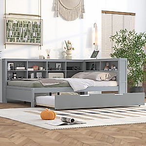 GYYBED Wooden Full Size DayBed with Twin Size Trundle, DayBed with Storage Shelf and USB Charging Ports,Wooden Bedframe with Wood Slat Support for Bedroom Living Room (Full(Grey)+with Trundle)