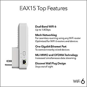 NETGEAR WiFi 6 Mesh Range Extender (EAX15) - Add up to 1,500 sq. ft. and 20+ Devices with AX1800 Dual-Band Wireless Signal Booster & Repeater (up to 1.8Gbps Speed), WPA3 Security, Smart Roaming