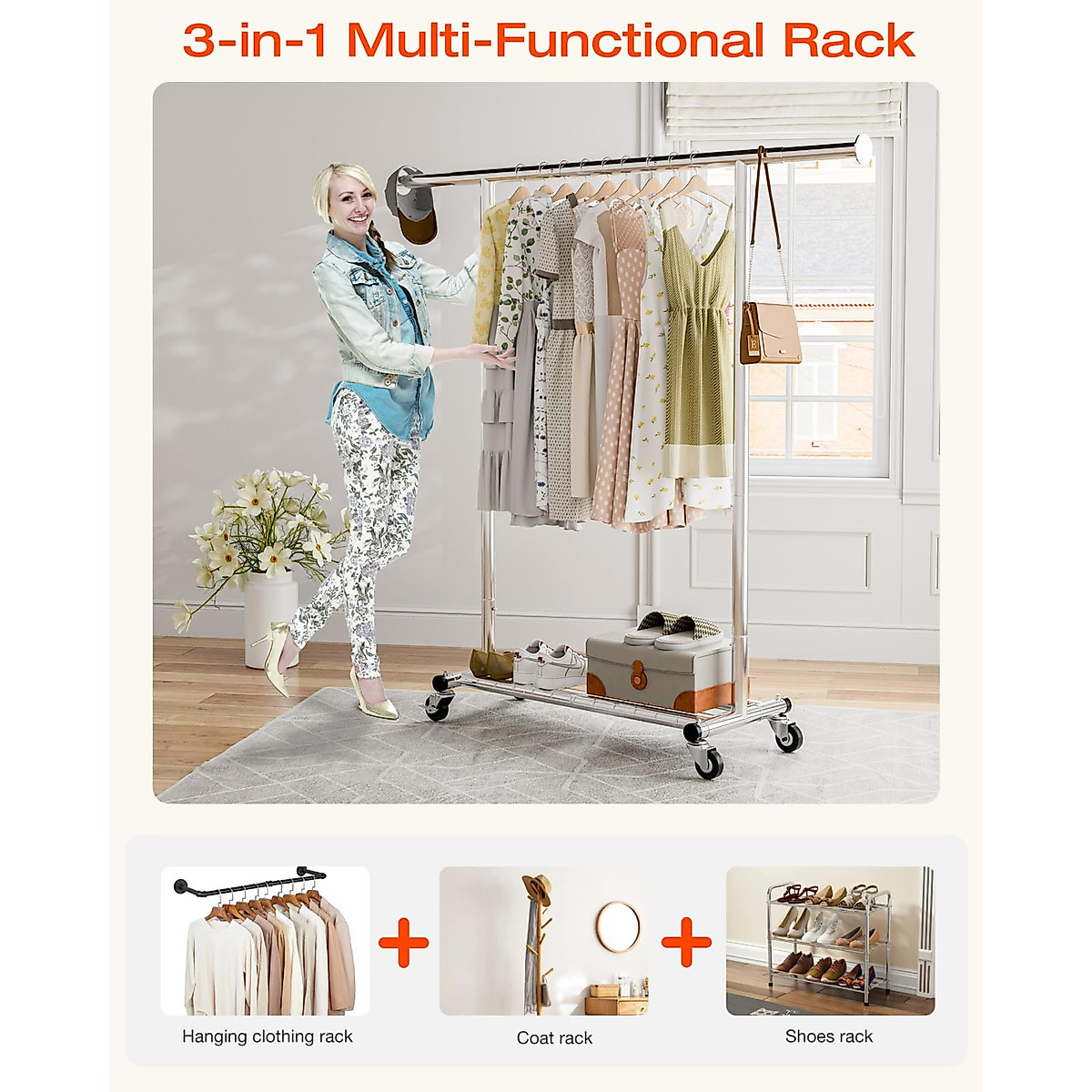 Frylr Heavy Duty Clothing Rack - Portable Metal Garment Rack with Wheels, Rolling Clothes Rack with Adjustable Hanging Rods, and Free Standing Design, Silver