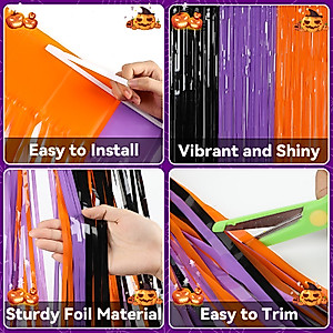 QOUBAI 3Pack Orange Purple Black Foil Fringe Curtains 3.3 X 6.6 ft Decals 1Pc Banner 40Pcs Bat Spider Stickers Halloween Backdrop Streamers for Halloween Photo Booth Prop Wall Party Decorations