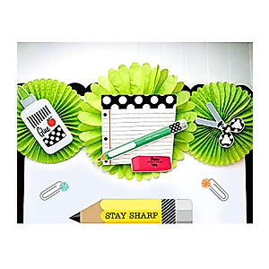 Schoolgirl Style Black, White and Stylish Supplies Bulletin Board Set?Notepad, Pencils, Pencil Pouches, Apple, Paper Clips, Scissors, Eraser, Glue Cutouts (23 pc)