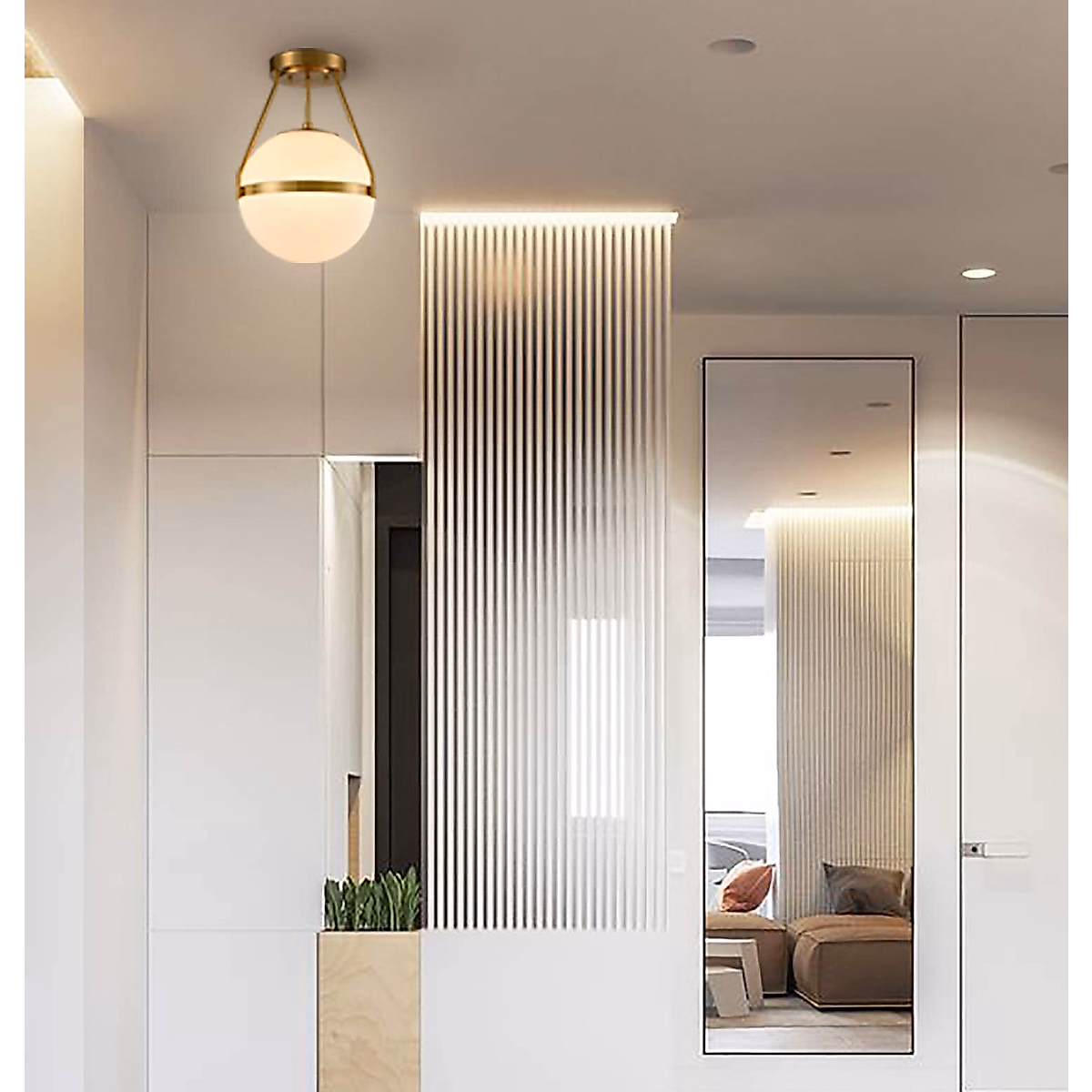 HOLKIRT Mid Century Modern Globe Semi Flush Mount Ceiling Light Fixture,White Opal with Brass Finish,Living/Dinning Room