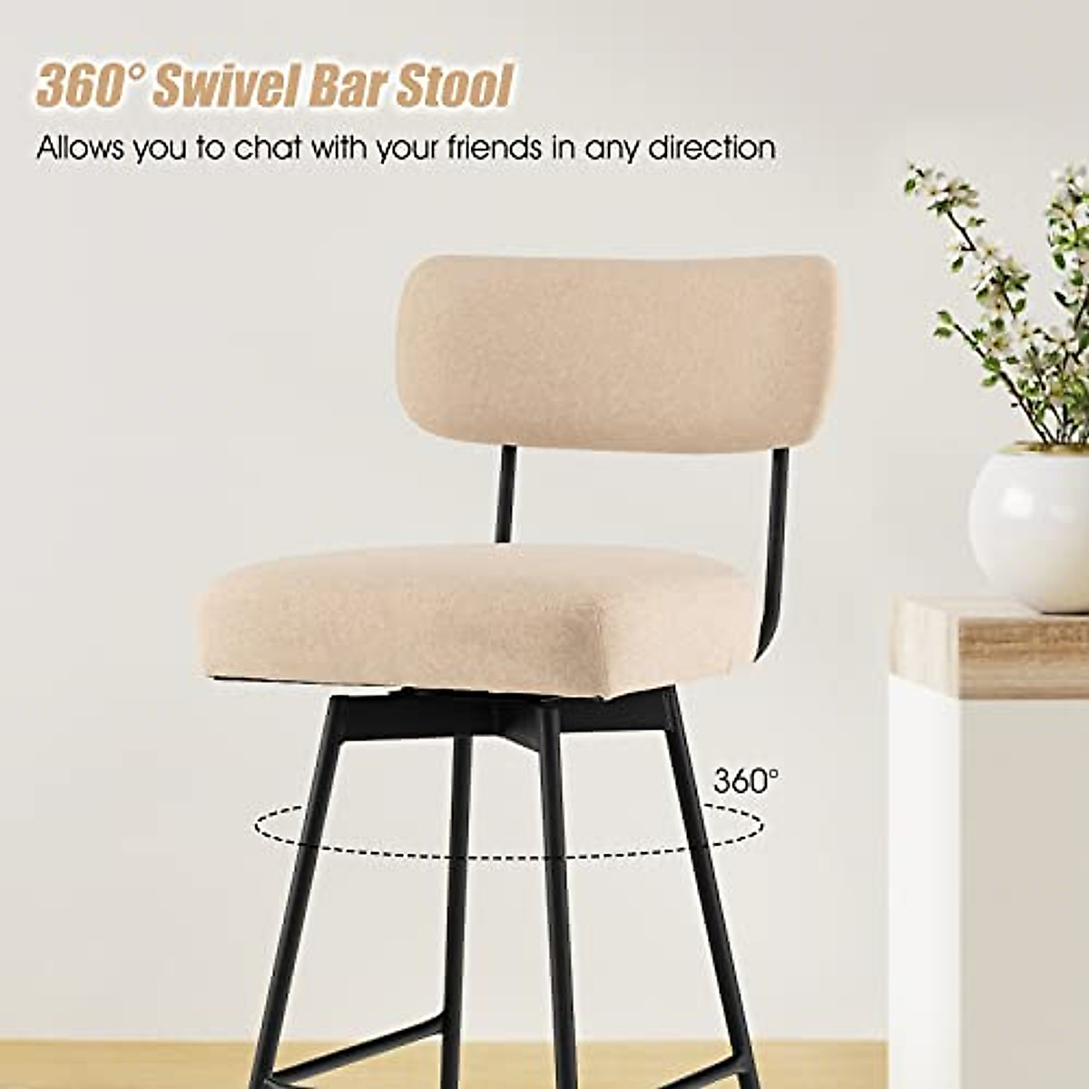 COSTWAY Bar Stools Set of 2, 29” Upholstered Bar Height Chairs with Back, 360° Swivel Bar Chairs with Heavy-Duty Metal Legs and Footrests, Fabric Seat for Kitchen Island, Dining Room, Bar (2, Beige)