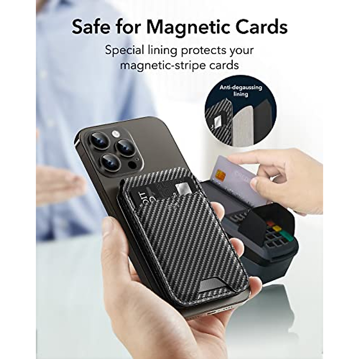ESR Magnetic Wallet (HaloLock), Compatible with MagSafe Wallet, iPhone Wallet with Adjustable Stand for iPhone 15/14/13/12, Not for iPhone 13/12 Mini, 3 Card Holder, Vegan Leather, Black Carbon Fiber