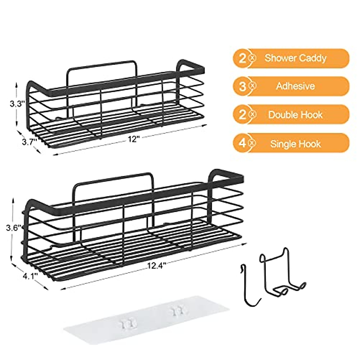 Tindbea Shower Caddy, Adhesive Shower Shelves with 6 Hooks, Bathroom Shower Organizer Racks No Drilling, Rustproof Stainless Steel Shower Storage Shelf for Inside Shower, 2 Pack, Matte Black