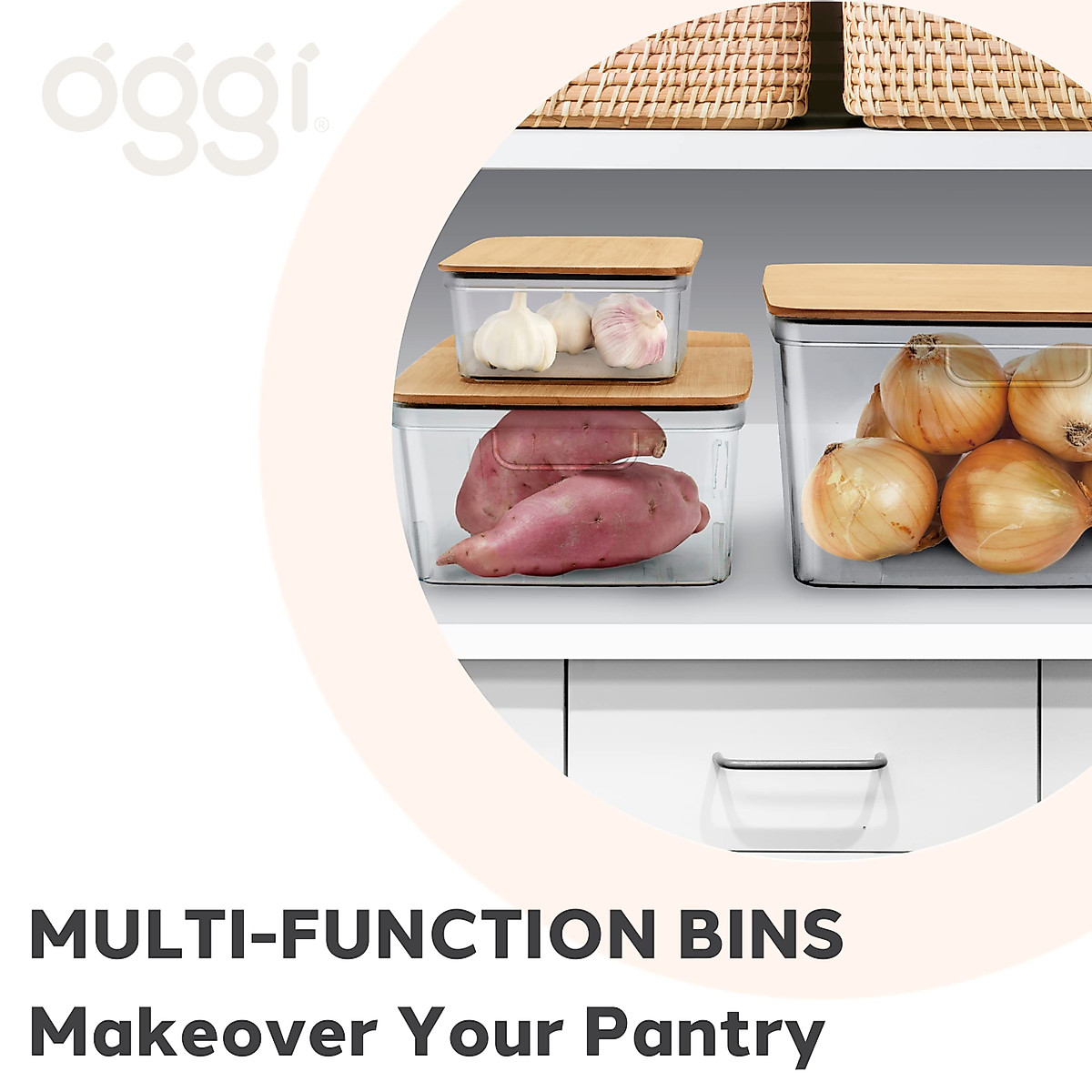 OGGI Clear Stackable Storage Bin with Bamboo Lid, Set of 3 - Ideal for Kitchen, Pantry, Cabinet, Bathroom, Bedroom, Kids, Refrigerator. With Handles & Lid - Organizer for Snacks, Toys, Crafts