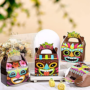 Glenmal 24 Pcs Hawaiian Aloha Party Boxes Tiki Luau Treat Boxes Goodie Candy Boxes Tropical Themed Boxes with Handles Summer Tiki Luau Treat Boxes for Aloha Hawaiian Luau Party Supplies (Luau)