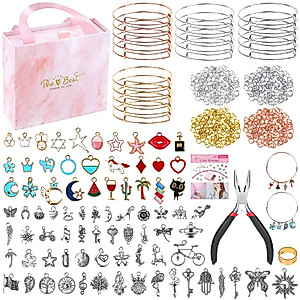 Thrilez 300Pcs Bangle Bracelets Making Kit, Charm Bracelet Making Kit with Expandable Bangles, Charms, Jump Rings and Pliers for Jewelry Making Bangle Bracelets (with Gift Box and Tools)