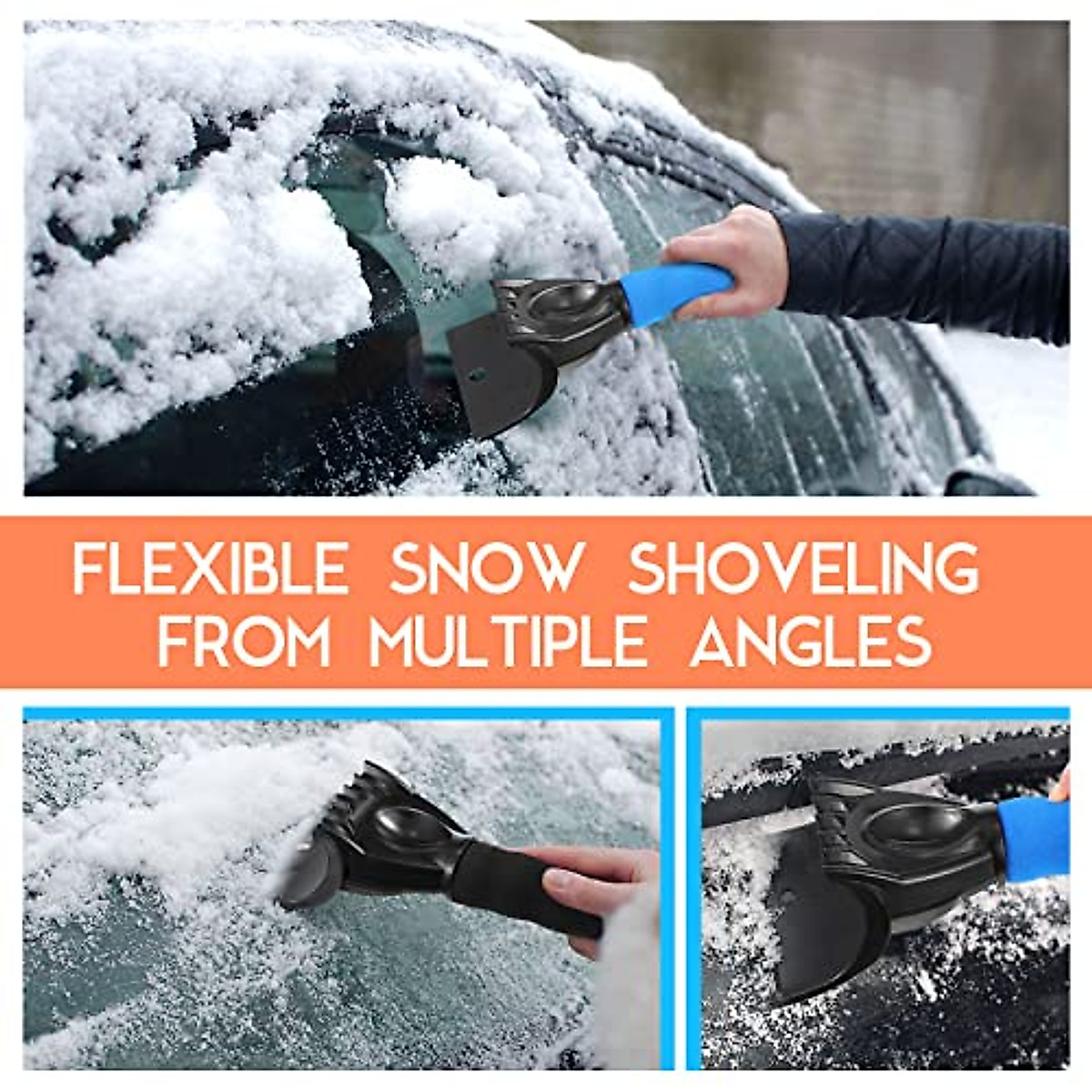 Hicarer Winter Ice Scrapers 2 Pack Plow Like Snow Scraper for Car Plastic Window Scraper Non Slip Windshield Scraper Frost Removal Tool with Foam Handle for Cars Small Trucks Window (Black, Blue)
