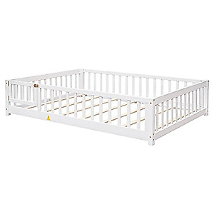 Harper & Bright Designs Full Floor Bed for Kids, Montessori Frame with Fence and Door, Wooden Full Platform Boys Girls, Slats Included, No Box Spring Needed (Full Size, White) White With Slats