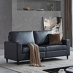 Woanke Modern Style 3 Seat Sofa PU Leather Upholstered Couch Furniture for Home or Office, Solid Frame and Wood Legs, Black